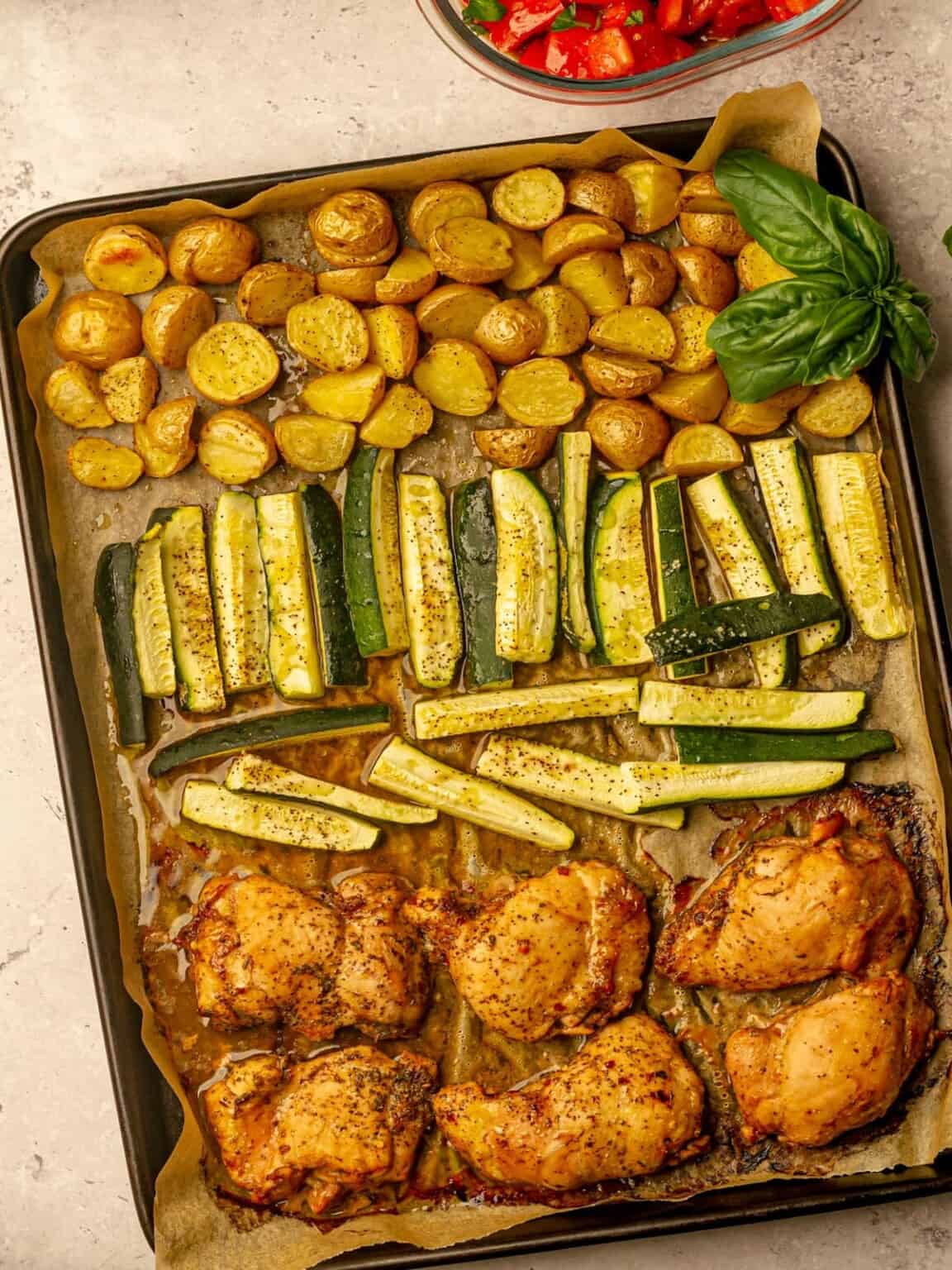 Sheet Pan Balsamic Chicken Dinner with Tomato Bruschetta – Real Food ...